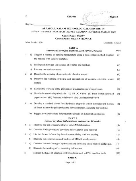 Me407 Btech S7 Mechatronics March 2020 1 Pdf