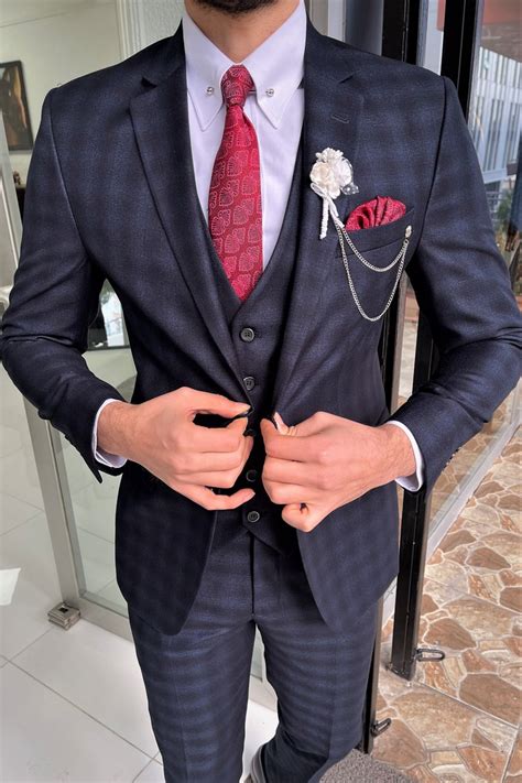 Navyblue Mens Suit Slim Fit Plaid Suit Three Piece Suit Etsy