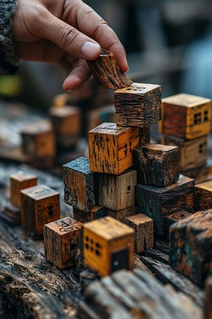 Premium Photo A Person Placing Wooden Blocks On Top Of Each Other