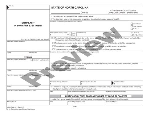 North Carolina Complaint In Summary Ejectment Eviction Complaint In Summary Ejectment Us
