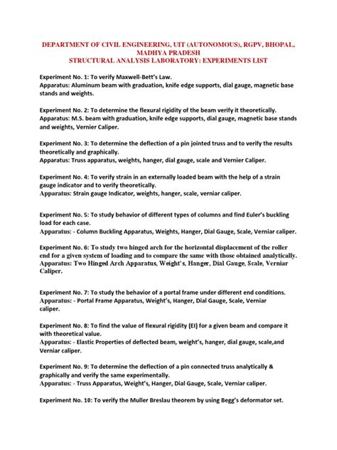 Structural Analysis Laboratory Experiment Rquired Apparatus Pdf