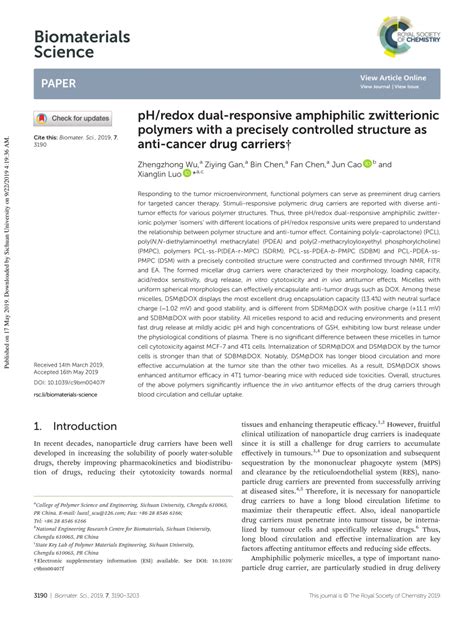 Pdf Phredox Dual Responsive Amphiphilic Zwitterionic Polymers With Precisely Controlled