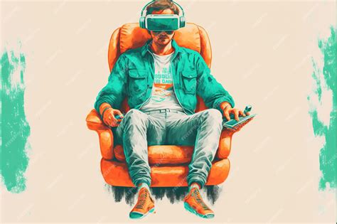 가상 현실 헤드셋에서 게임을 하는 남자 다른 세계에서 Vr 안경을 쓴 남자 가상 현실 헤드셋 디지털 아트 스타일 디지털 페인팅을