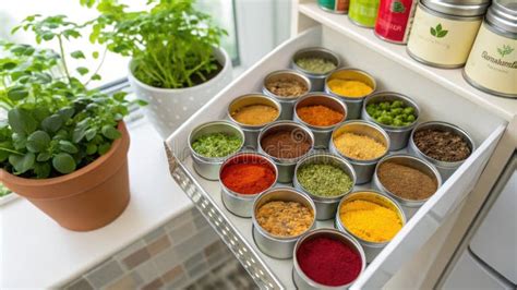A Of Small Metal Containers Filled With Assorted Es And Herbs All