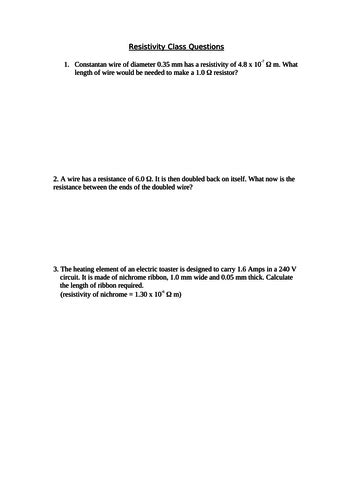 Resistivity A Level Physics Worksheet Teaching Resources