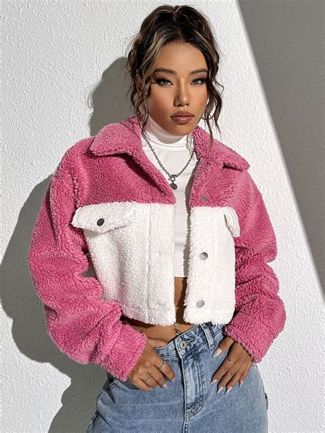 Two Tone Drop Shoulder Crop Teddy Jacket Roupas Colarinhos Femininos
