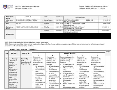 LAB Report Enumeration OF Bacteria ECW 341 Water Engineering Laboratory Program Diploma In