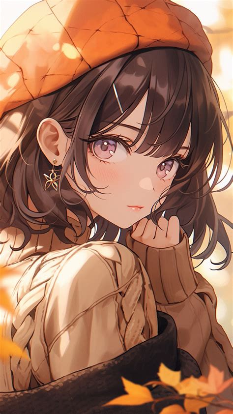 Download Wallpaper 1080x1920 Girl Beret Autumn Leaves Anime Samsung