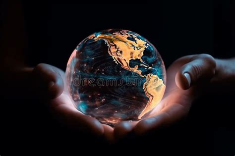 Dark Background With Hand Holding Holographic Globe Stock Image Image