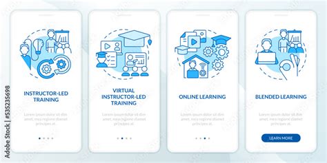 Organize Corporate Training Program Blue Onboarding Mobile App Screen Walkthrough 4 Steps