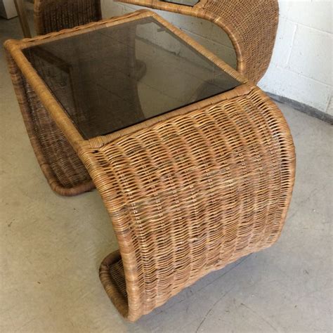 Vintage Wicker Glass Top Waterfall Side Tables A Pair Chairish