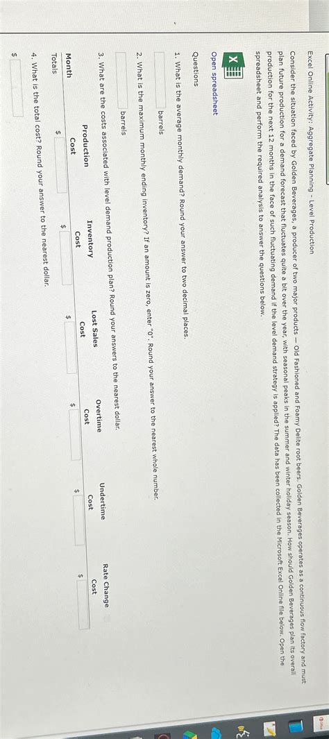 Solved Excel Online Activity Aggregate Planning Level Chegg Com