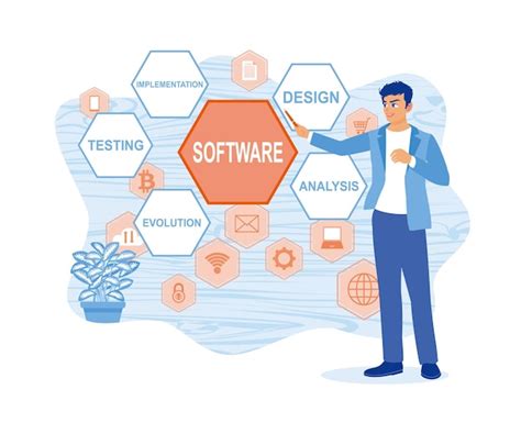 Premium Vector Man Working Using Virtual Screen Develop Software And Business Process Automation