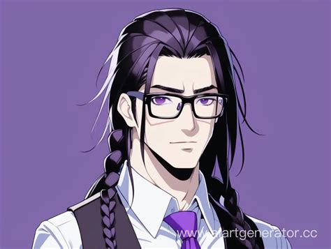 Stylish Man With Long Black Hair Square Glasses And Purple Accents Ai