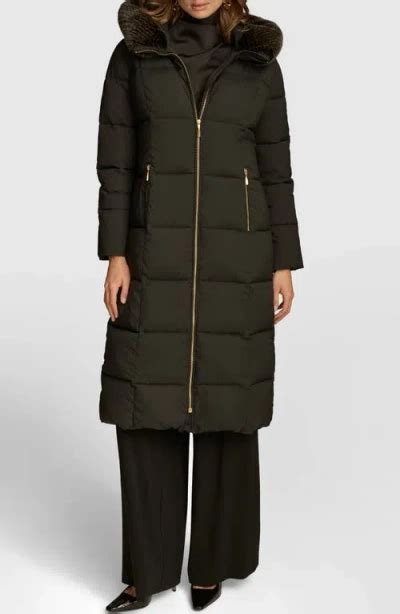 Donna Karan New York Long Hooded Puffer Coat With Faux Fur Trim In