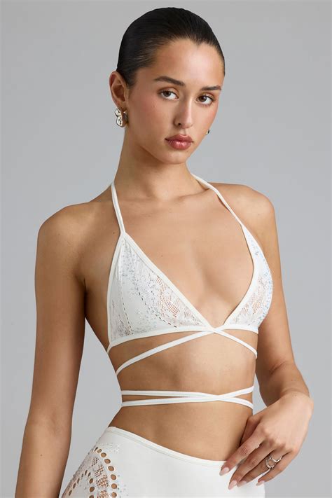 Liberty Embellished Cross Strap Bikini Top In Ivory Oh Polly