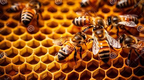 Bee On Honeycombs With Honey Slices Nectar Into Cells Neural Network Ai Generated Stock Image