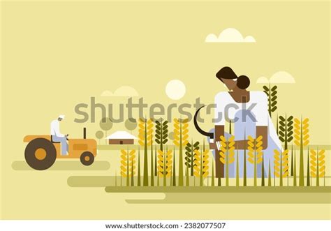 Illustration Indian Farmer Woman Harvesting Wheat Stock Vector Royalty