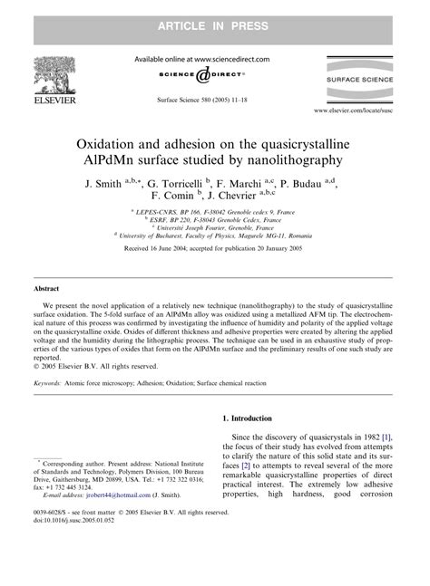 Pdf Oxidation And Adhesion On The Quasicrystalline Alpdmn Surface