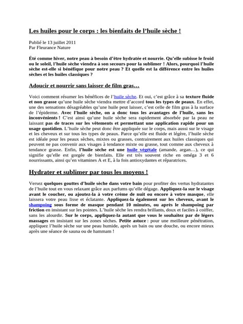Les Huiles Pour Le Corps Les Bienfaits De Lhuile Sèche Pdf
