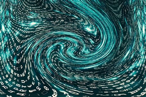 블루 매트릭스 디지털 배경입니다 왜곡 된 사이버 공간 개념 캐릭터가 웜 홀에서 떨어집니다 해킹 된 매트릭스 가상 현실 디자인 복잡 한 알고리즘 데이터 해킹 시안 디지털