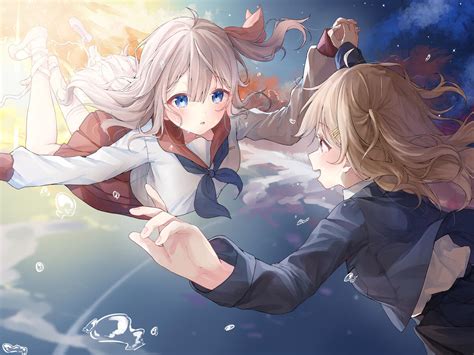 Обои школьницы аниме плавающий падающий дружба разное от Godlike картинки на рабочий стол и