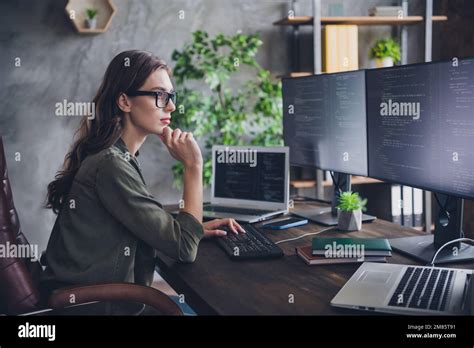 Profile Side Photo Of Smart Focused Minded Lady Solve Work Issue