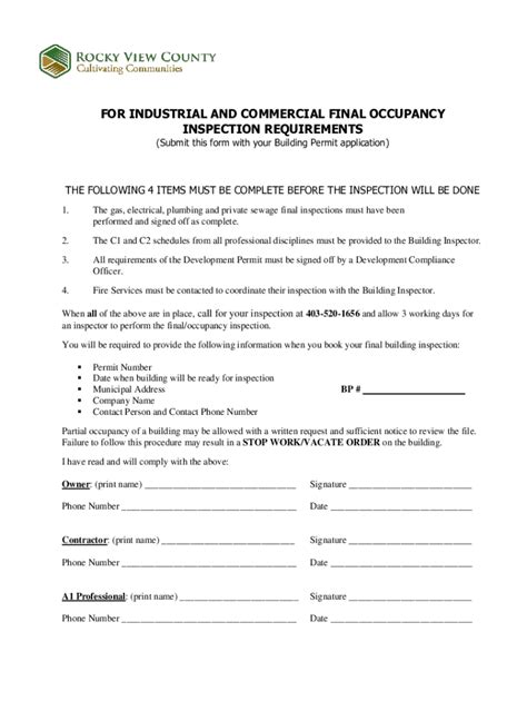 Fillable Online Final Occupancy Inspection Industrial Commercial
