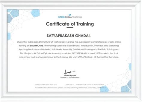 Satyaprakash Ghadai On Linkedin Internshalatrainings Solidworksdesign Achievement Thankyou