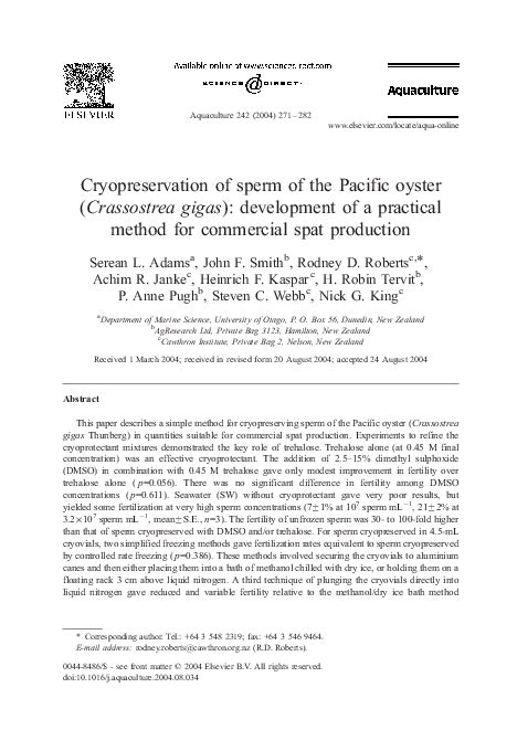 Pdf Cryopreservation Of Sperm Of The Pacific Oyster Crassostrea Gigas Development Of A