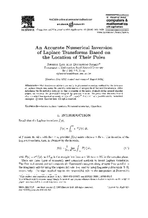 Pdf An Accurate Numerical Inversionof Laplace Transforms Based On The