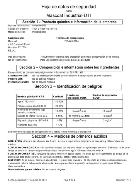 Safety Data Sheet Mi Dti 6 1 2015 1 Spanish Pdf Pdf Agua