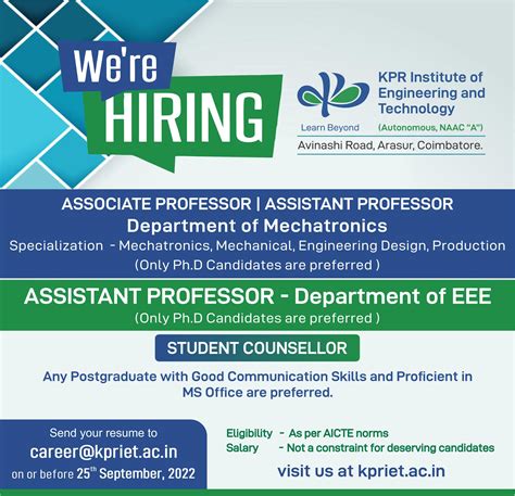 Kpr Institute Of Engineering And Technology Coimbatore Wanted Faculty