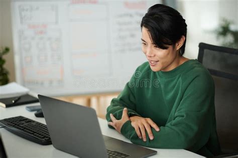 Programmer Discussing Project In Online Meeting Stock Image Image Of