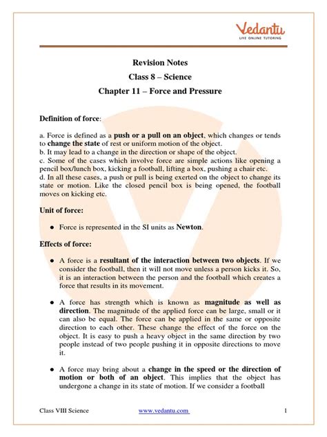 Class 8 Science Chapter 11 Revision Notes Pdf Force Pressure