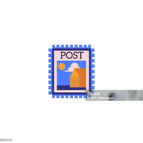 Postzegel Met Liggend Beeld En Blauwe Randen Geïsoleerd Op Witte