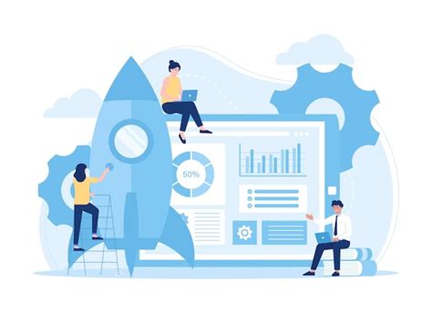 Premium Vector Business Presentation With Rocket And Data Analyst Trending Concept Flat