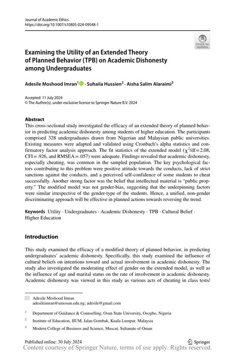 Examining The Utility Of An Extended Theory Of Planned Behavior Tpb On Academic Dishonesty