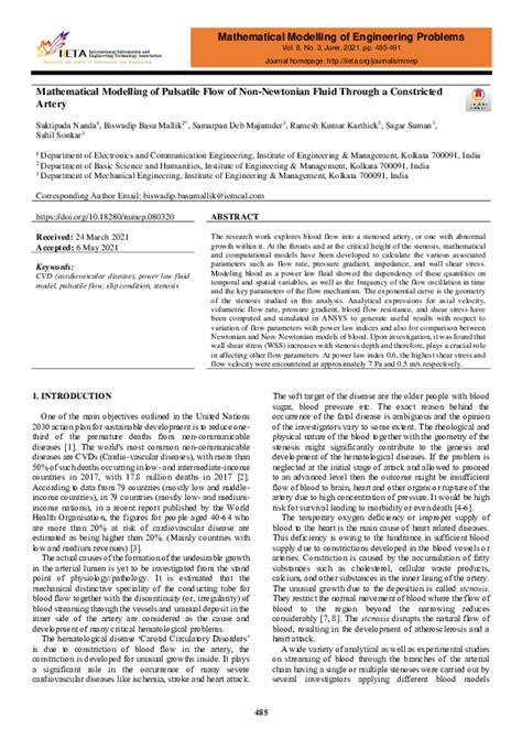 Pdf Mathematical Modelling Of Pulsatile Flow Of Non Newtonian Fluid Through A Constricted Artery