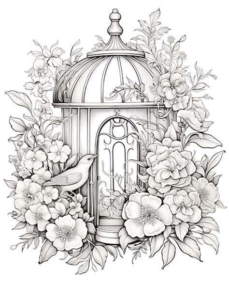 Beautiful Bird Cage Flowers Coloring Page Premium Ai Generated Image