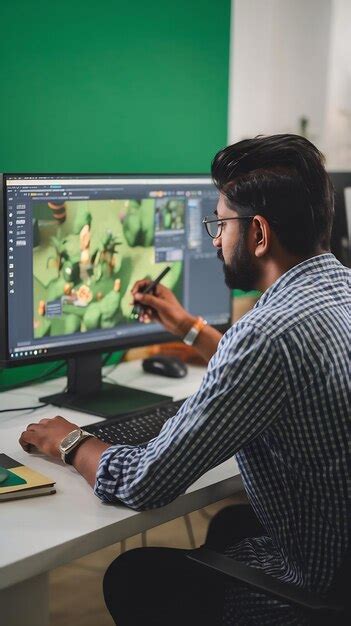 Indian Male Game Designer Using Desktop Computer With Green Screen