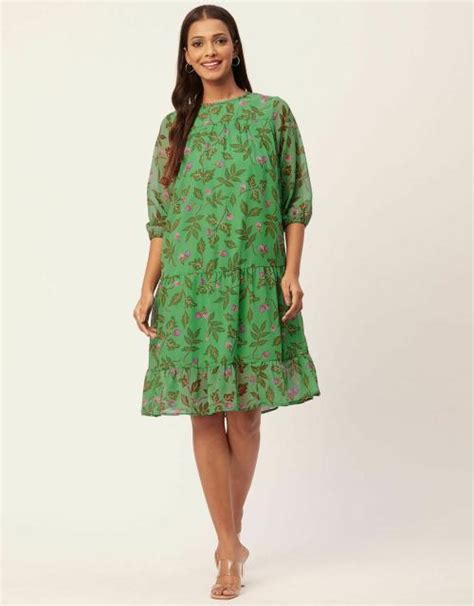 Buy Moomaya Women S Printed Chiffon Dress Puffed Sleeves Knee Length Flared Summer Dress
