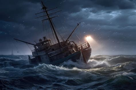Premium Ai Image Lightning Striking Ship On Rough Seas Generative Ai