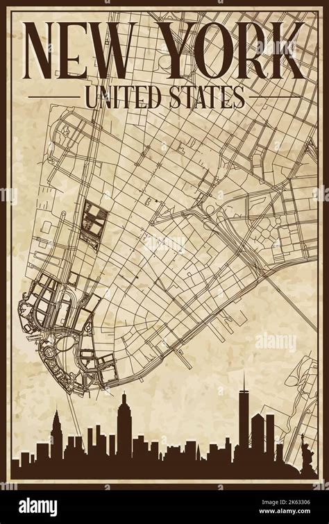 Hand Drawn Downtown Streets Network Printout Map Of NEW YORK CITY