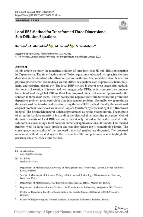 Local RBF Method For Transformed Three Dimensional Sub Diffusion Equations Request PDF