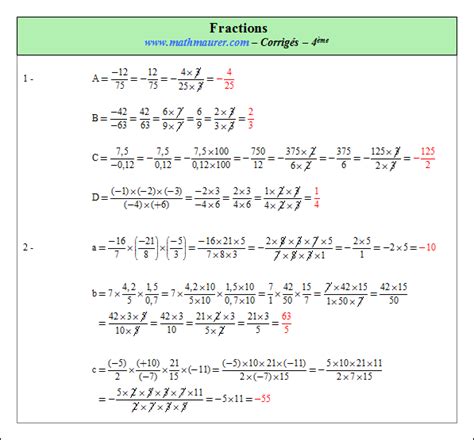 Exercices corrigés sur les fractions en quatrième