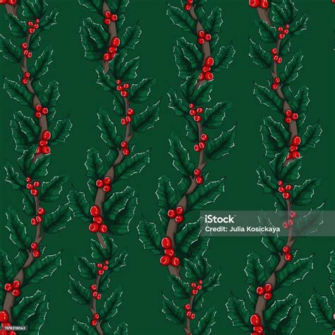 녹색 배경에 홀리 겨우살이 자연 겨울 벡터 크리스마스 원활한 패턴입니다 Xmas 홀리 베리 원활한 패턴 휴일 벡터입니다 전통적인