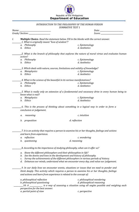 Philo Summative Test 1 Q1 Republic Of The Philippines Department Of