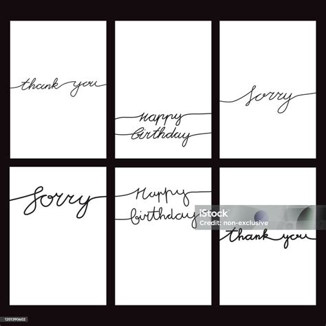 A4 형식 카드 세트는 하나의 검은 색 선 텍스트로 디자인 죄송합니다 감사합니다 생일 축하합니다 초대장 배너 흰색 격리 배경에 카드에 대한 간단한 흑백 벡터 디자인 템플릿