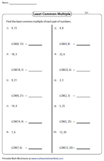Least Common Multiple Worksheets